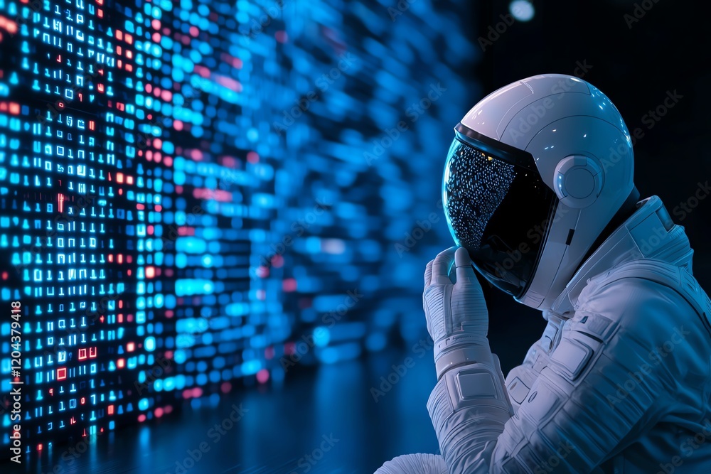 An astronaut in a futuristic suit contemplates in front of a wall of ...