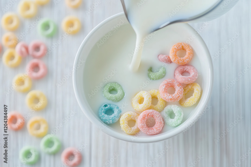 Full bowl of vibrant colorful cereal fruity loops cornflakes breakfast ...