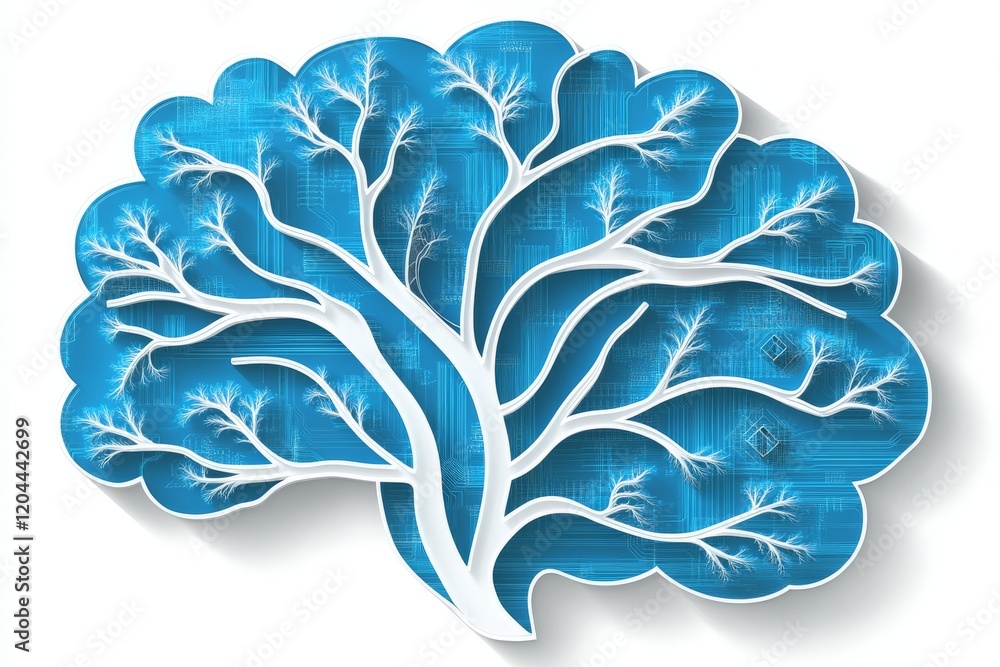 Blue brain tree illustration with branching neural pathways ...