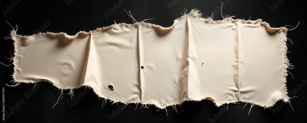 Beige fabric with uneven edges, holes. Ragged material displays texture ...