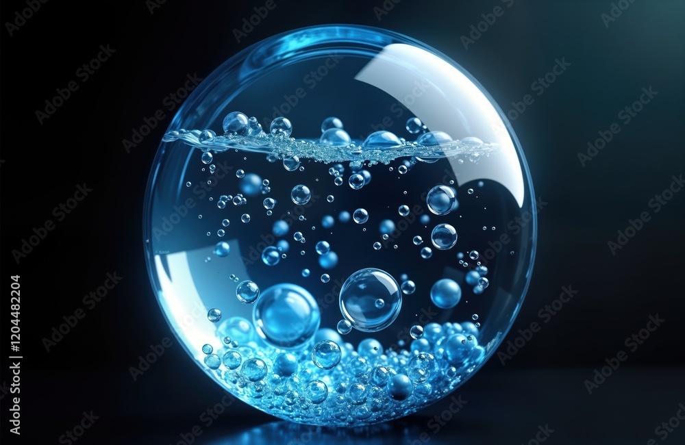 Blue water bubble sphere. Clear glass globe filled with liquid water ...