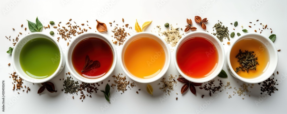 Assortment of six different types of tea in white ceramic cups ...