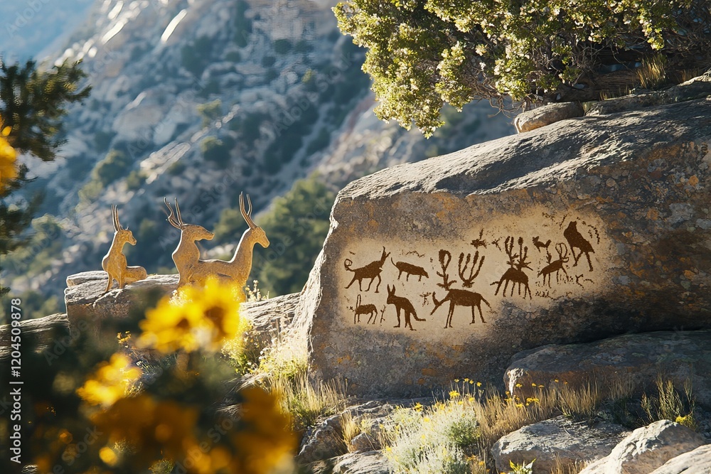 Ilustración de Stock Petroglyphs etched into rocks in Kazakhstan ...