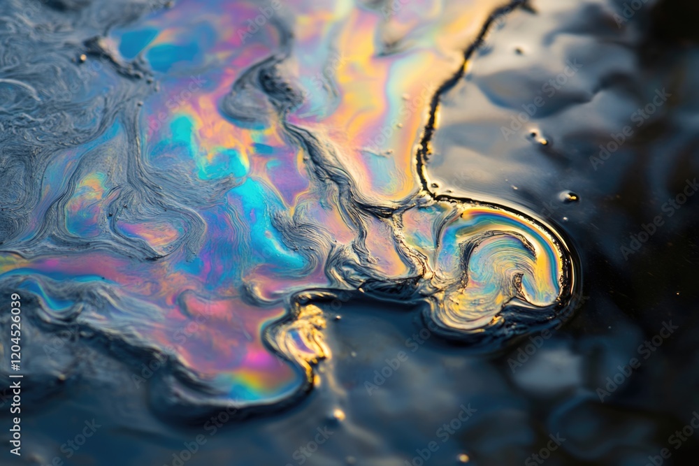 Iridescence of oil spill on water surface creating abstract patterns ...