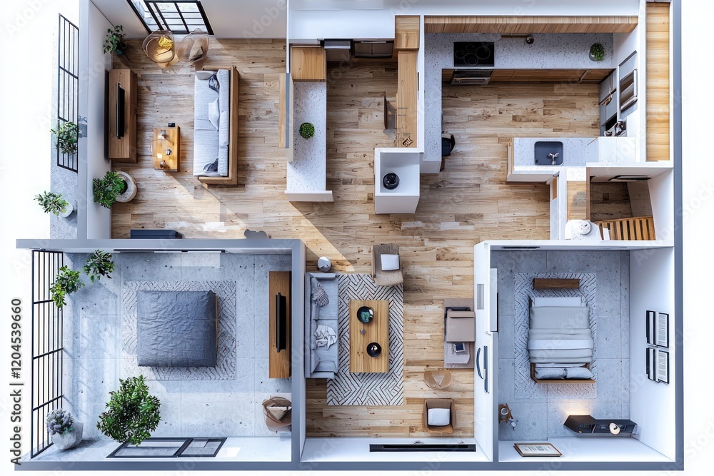 Ilustración de Stock Top-view 3D floor plan of a home, designed with an open-concept living ...