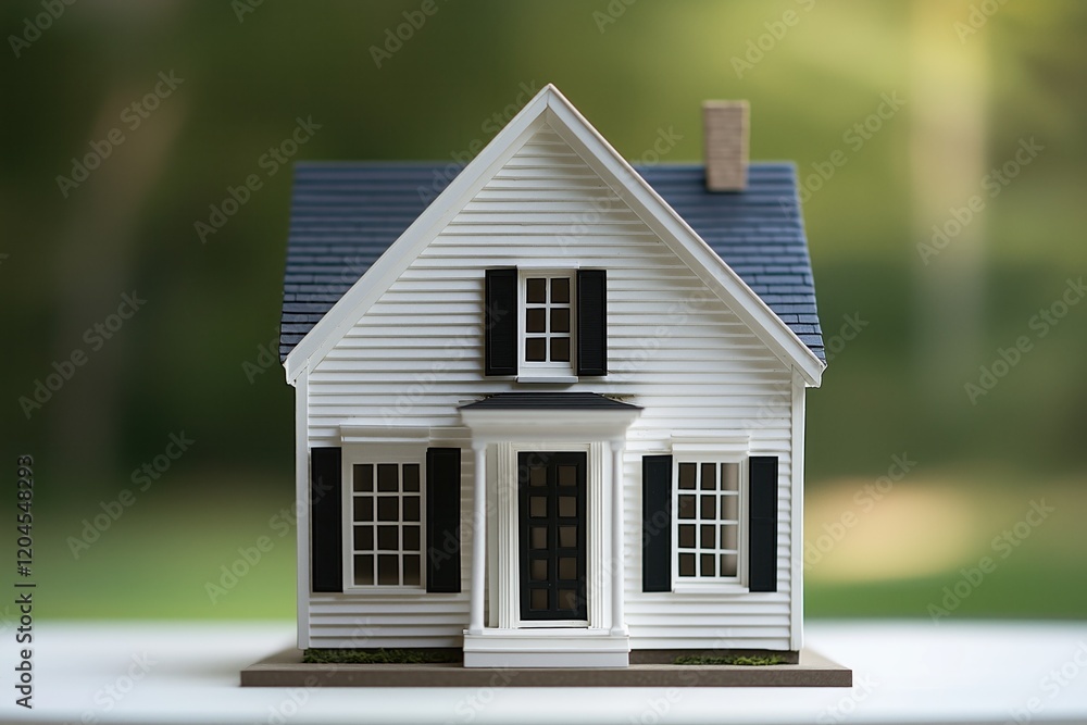 Miniature white house with black windows and shutters on a solid ...