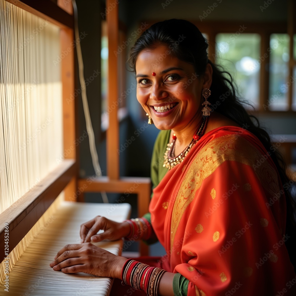 Happy Indian woman works on loom. Traditional craftsperson wears orange ...