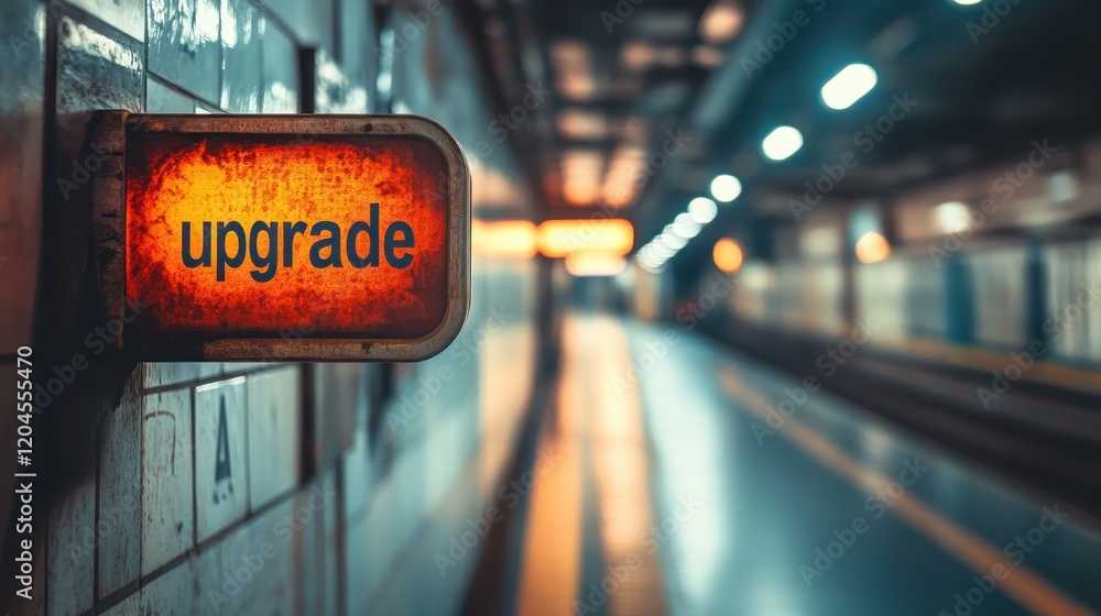 Illuminated Retro Sign in Subway Corridor Says "Upgrade," Symbolizing ...