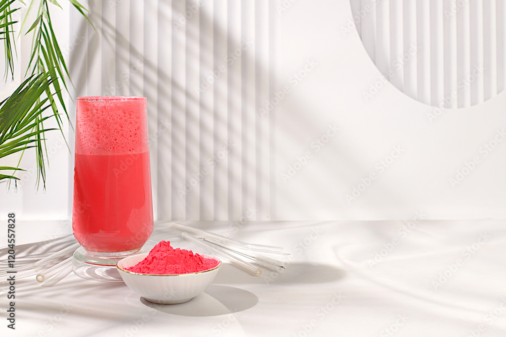 Pink matcha tea latte with milk on elegant kitchen sunny background ...