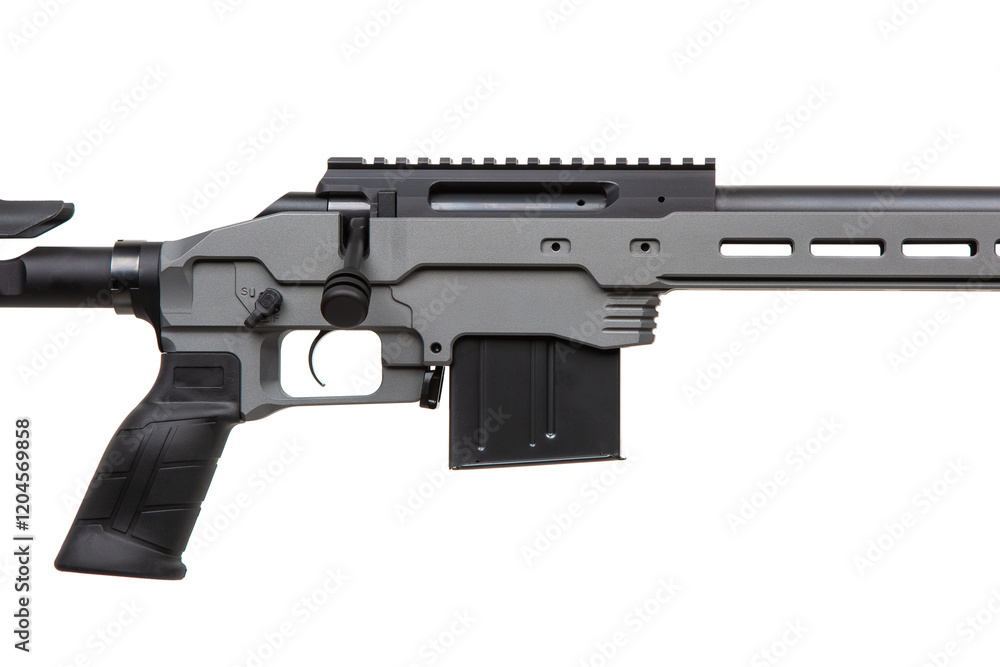 A modern, gray precision rifle with a long barrel, adjustable stock ...