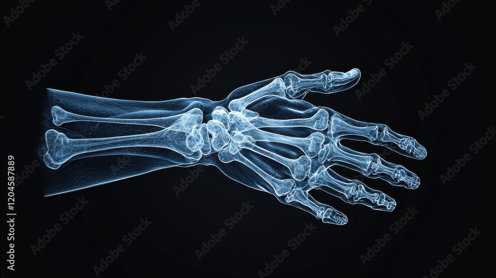 clinical X ray scan of human hand and wrist, showcasing detailed bone ...