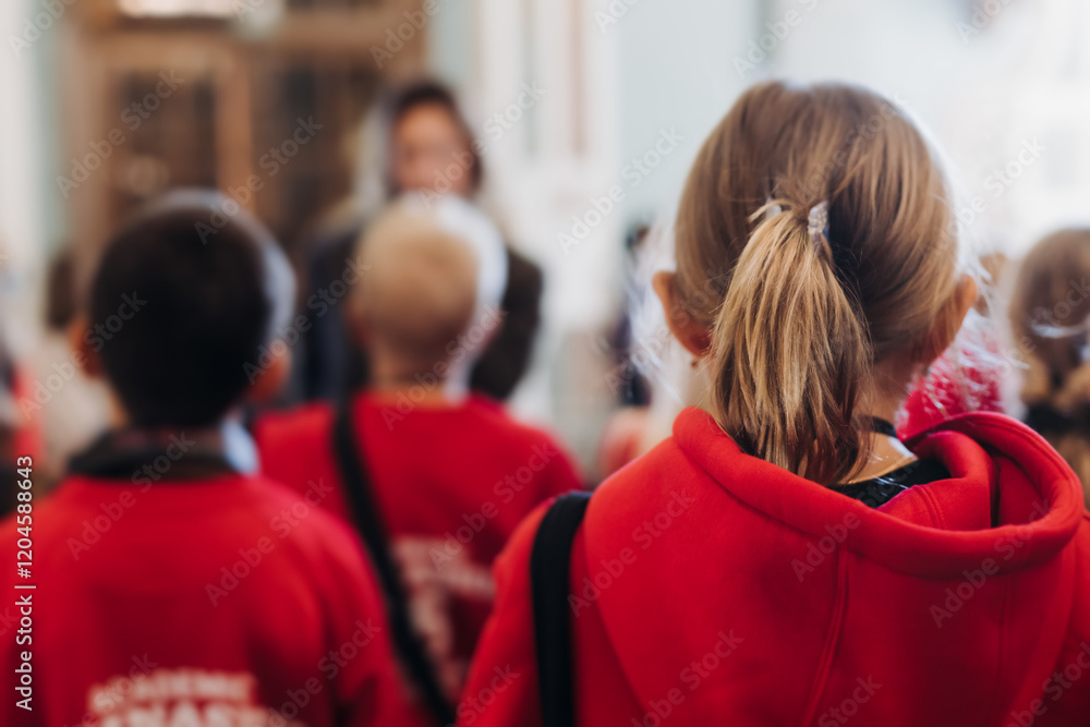 Group of kids children on excursion in a museum gallery, school pupils ...