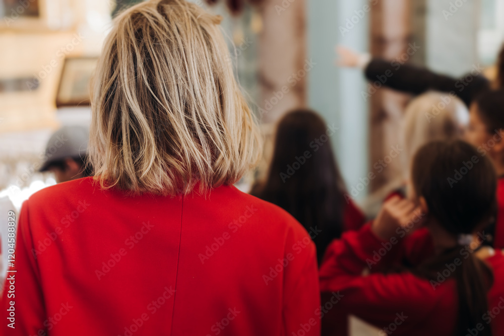 Group of kids children on excursion in a museum gallery, school pupils ...