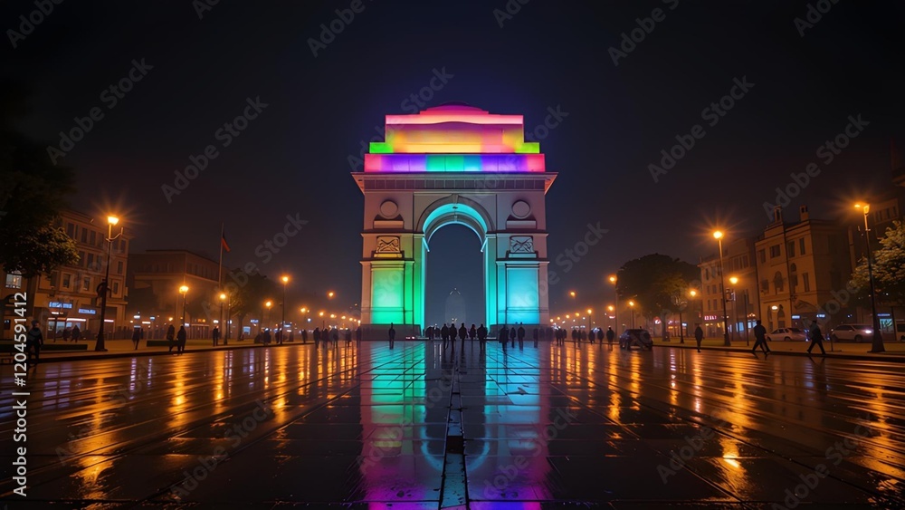 India Gate illuminated during the night with tricolor lighting ...