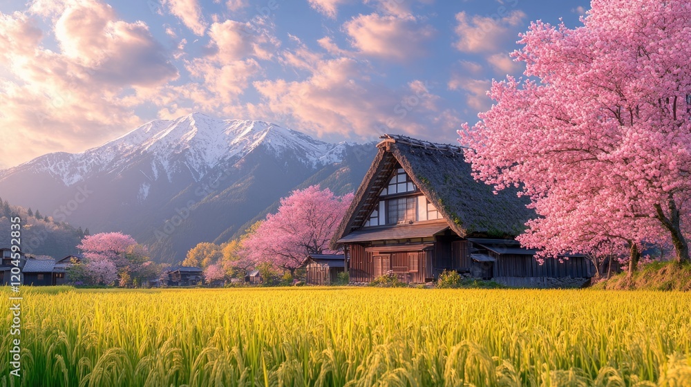 green rice field at old countryside village around Mount Fuji area ...