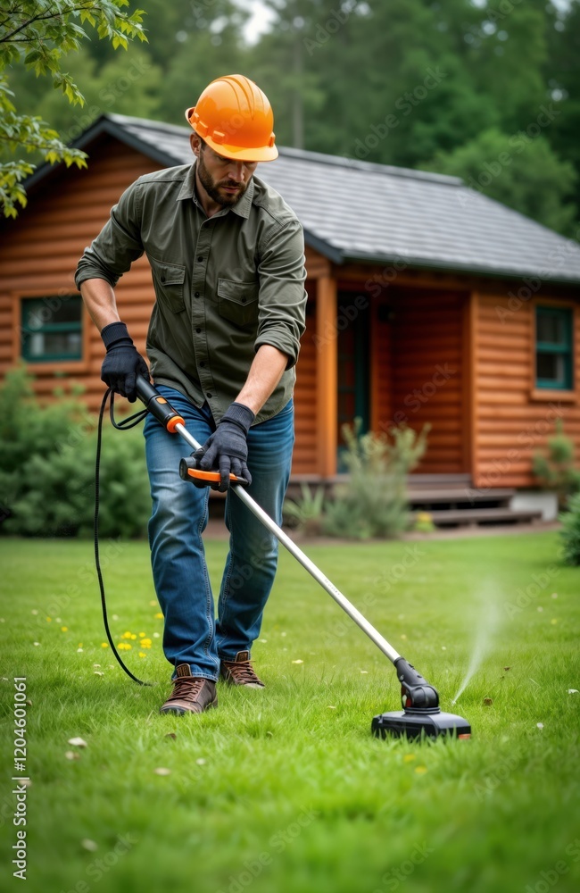 Man trims grass in backyard with electric string trimmer. Wears safety ...