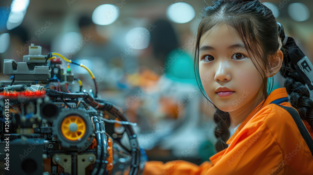 Asian teenager students doing robot arm and robotic cars homework ...