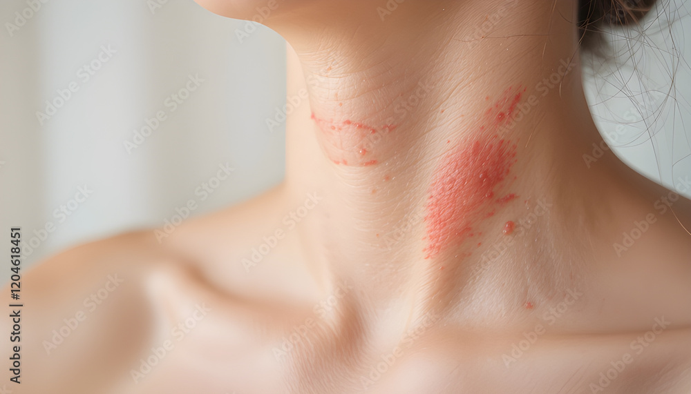 Close up view of skin rash red inflamed lesions and bumps on neck ...