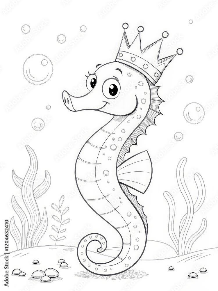 Cute cartoon seahorse wearing a crown in an underwater scene. outline ...