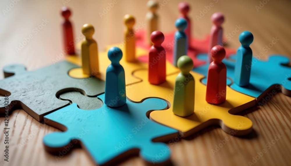 Colorful wooden figures represent diverse people connecting on jigsaw ...