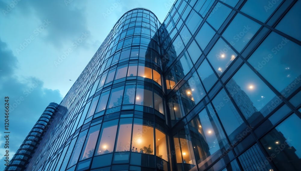 Modern office skyscraper glows at dusk. Illuminated windows reflect ...