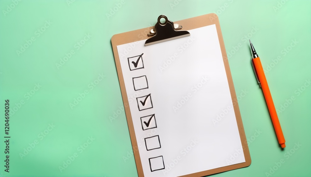 Clipboard with checklist, pen. Blank checklist on clipboard. Items to ...