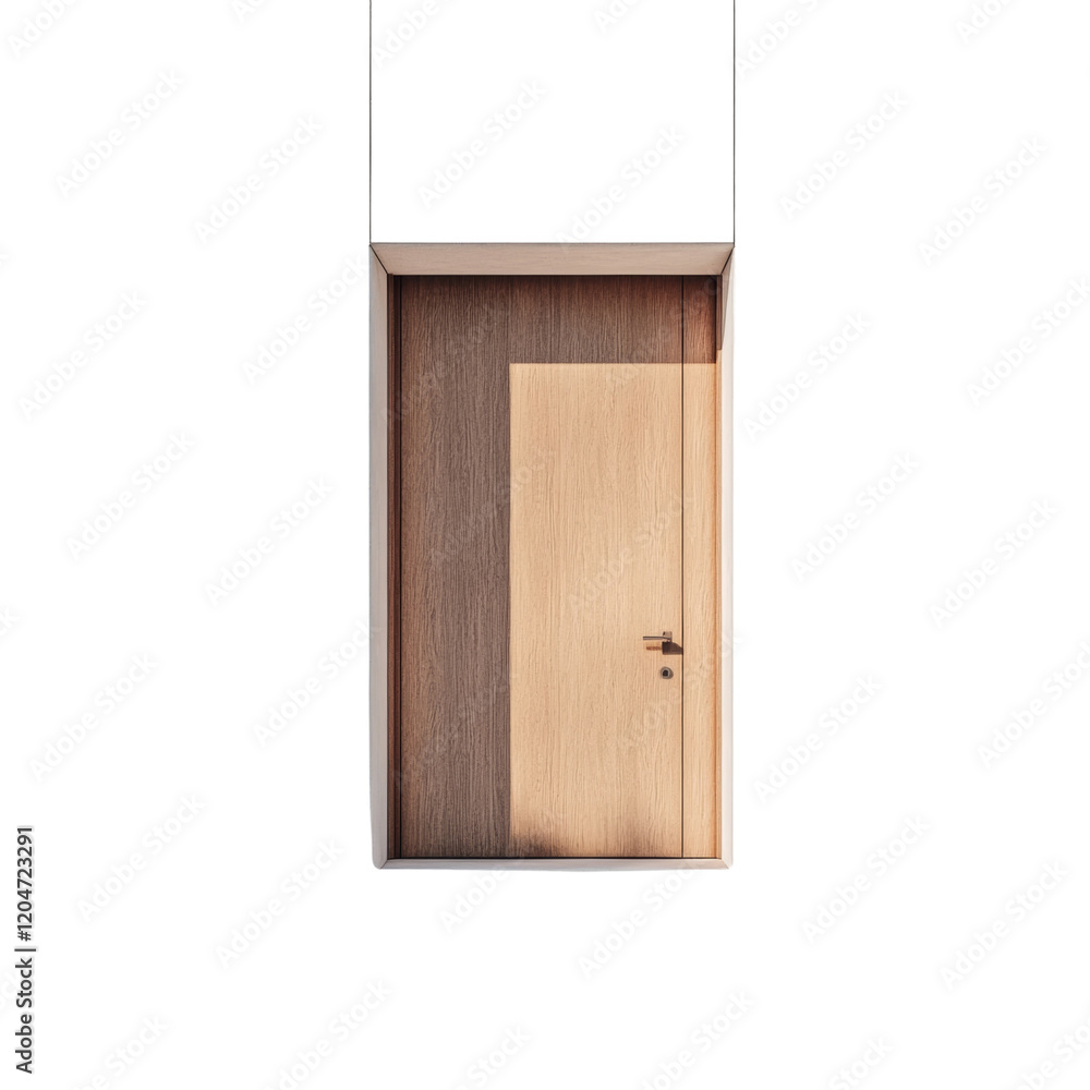 The image shows a top-down view of a modern wooden door with a light-colored wood panel and a ...