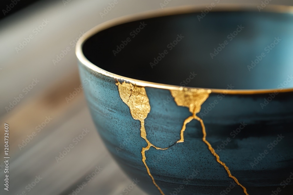 Kintsugi bowl Restored Japanese pottery with gold cracks highlighting its unique imperfections ...
