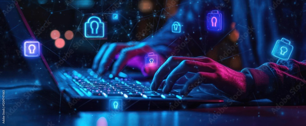 Cyber Hacker Typing Code in Dark Room with AI Chatbot Protecting Digital Privacy and Security in ...