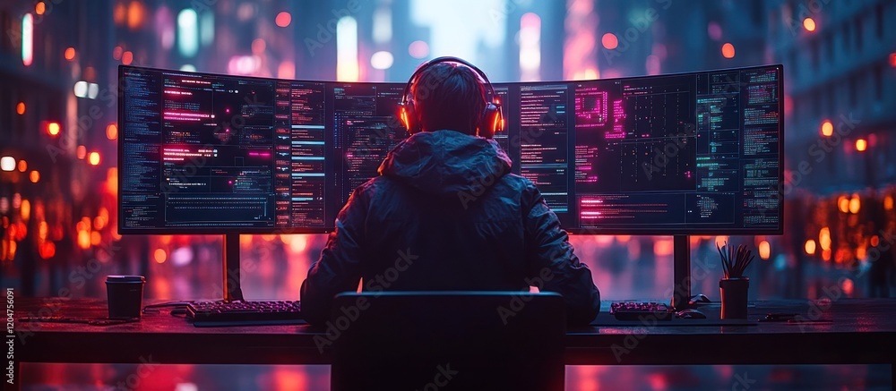 Hacker working late at night in a cyberpunk city, viewed from behind ...