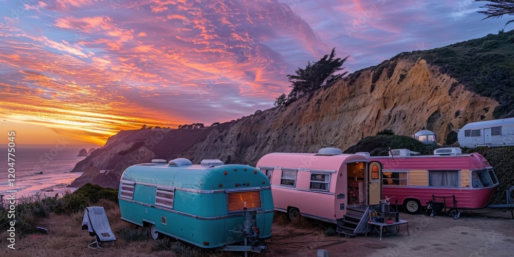 Pastel vintage trailers overlook Pacific cliffs at sunset. A dreamy ...