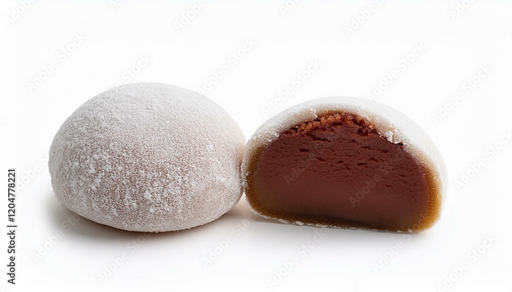 Sweet mochi treats, dusted with powder, one cut open to show the red ...