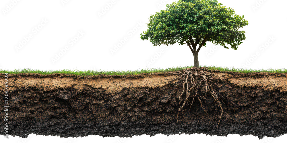 Lush Green Tree with Extensive Root System Soil Layers Cross Section ...