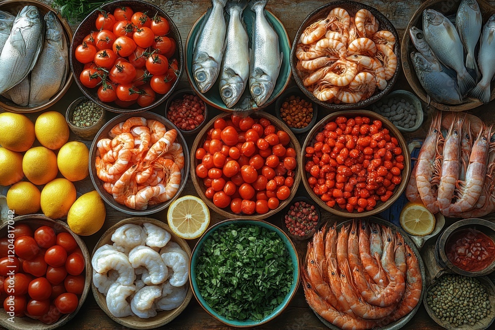 Foto de Stock Fresh Seafood Market Display Featuring Fish Crustaceans ...