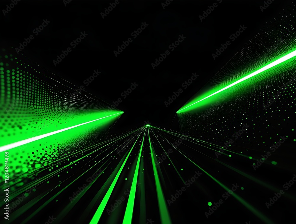 Intersecting green laser beams in a dark backdrop, highlighting futuristic energy and ...
