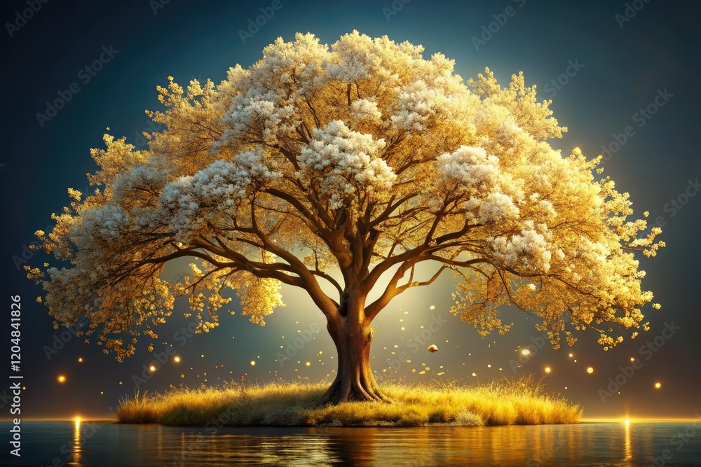 Luxurious 3D golden tree wallpaper with white flowers, high-resolution ...