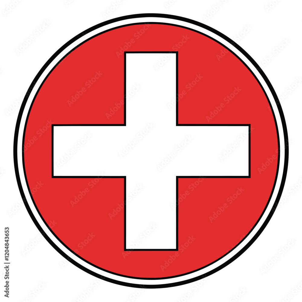 Swiss flag button icon with a red cross symbol, representing medical ...