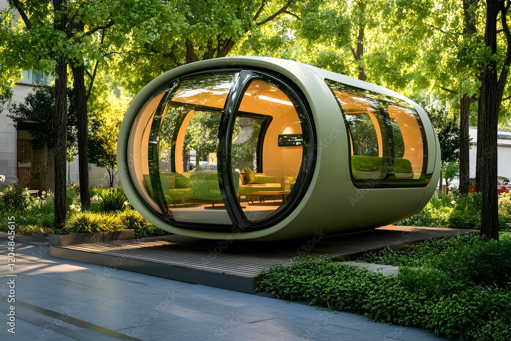 Futuristic eco-pod with curved modular design and glass walls set in a ...