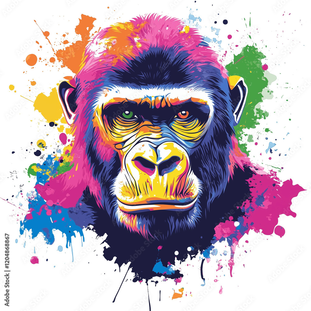 illustration of gorilla face design with bright paint splashes isolated ...