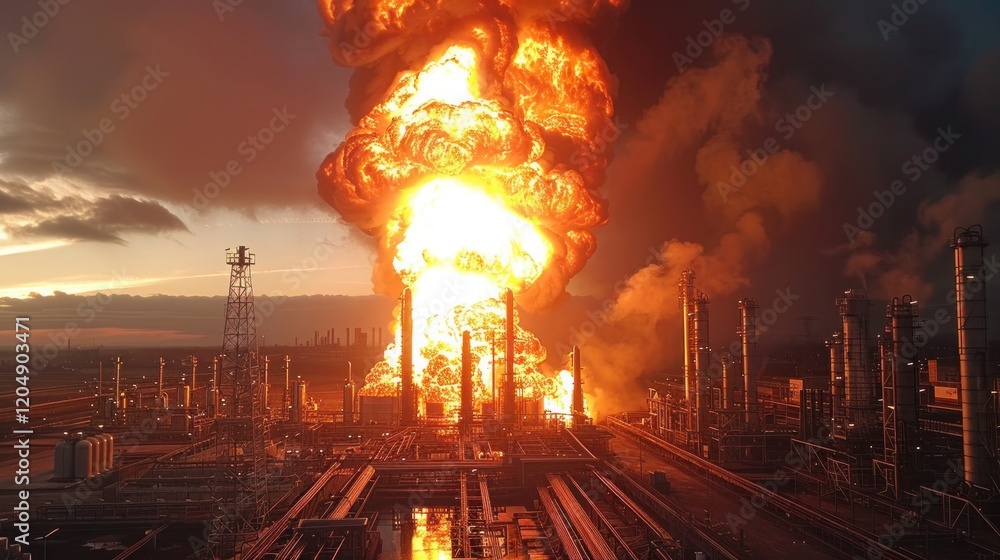 Industrial Oil Refinery Blaze: Massive Fire and Gas Explosion Stock ...