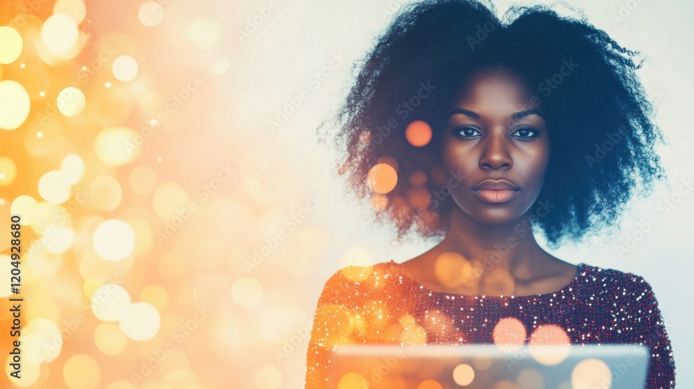 Woman intensely working on her laptop, immersed in glowing data ...