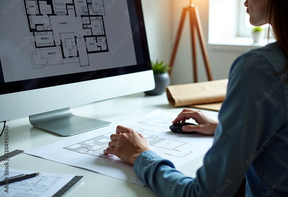 Architect Working Computer Floor Plan Close-Up Modern Workspace Scale ...