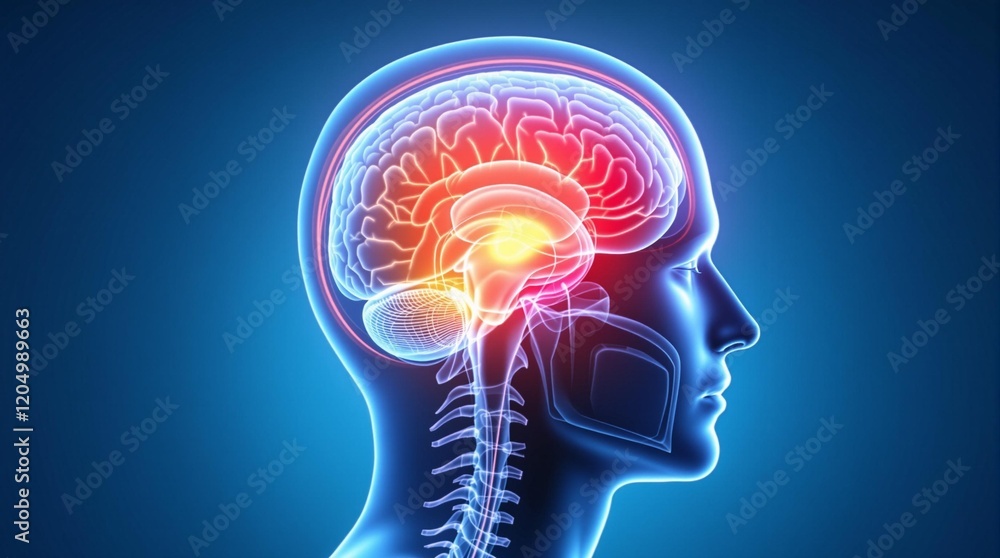 Side view of a human brain with highlighted inflammation, focusing on ...