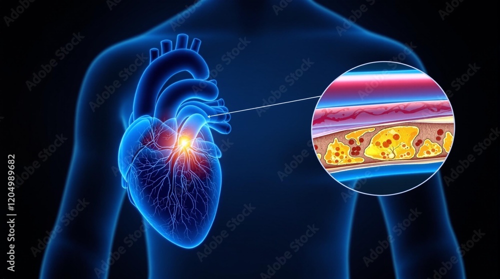 Glowing human torso showing the heart with a detailed close-up of ...