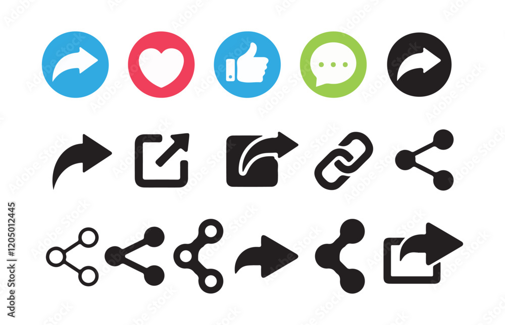 Vector de Stock Share icon set. Like, Share, comment and love heart icon buttons. Arrow symbol ...