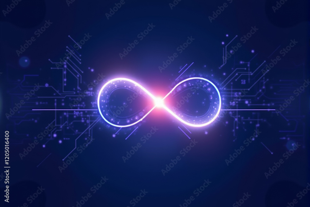 A minimalist representation of artificial intelligence with a glowing infinity symbol ...