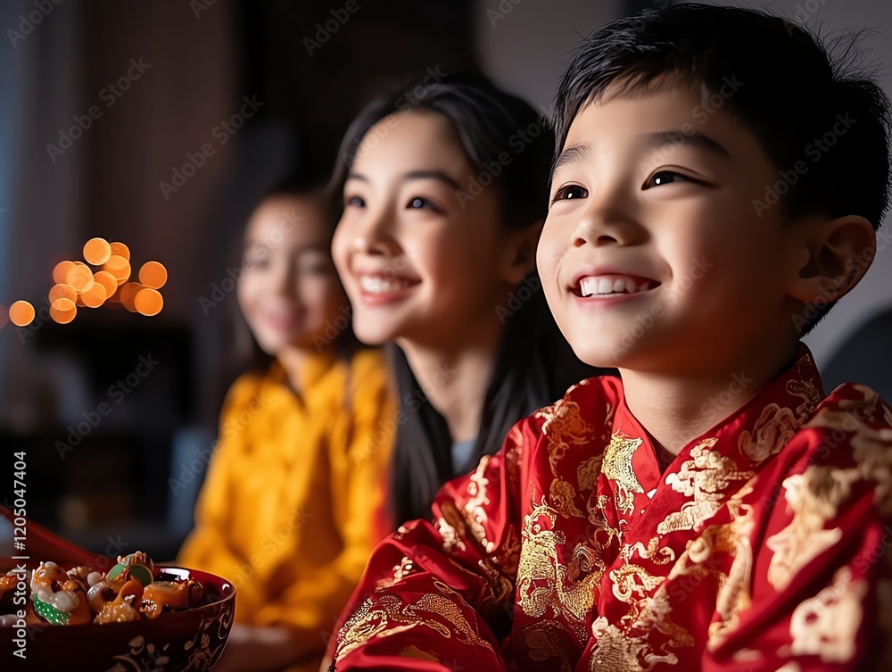 Family dressed in traditional Chinese attire sharing Lunar New Year ...