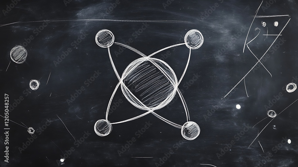 Atomic model illustrated with chalk on a classic blackboard ...
