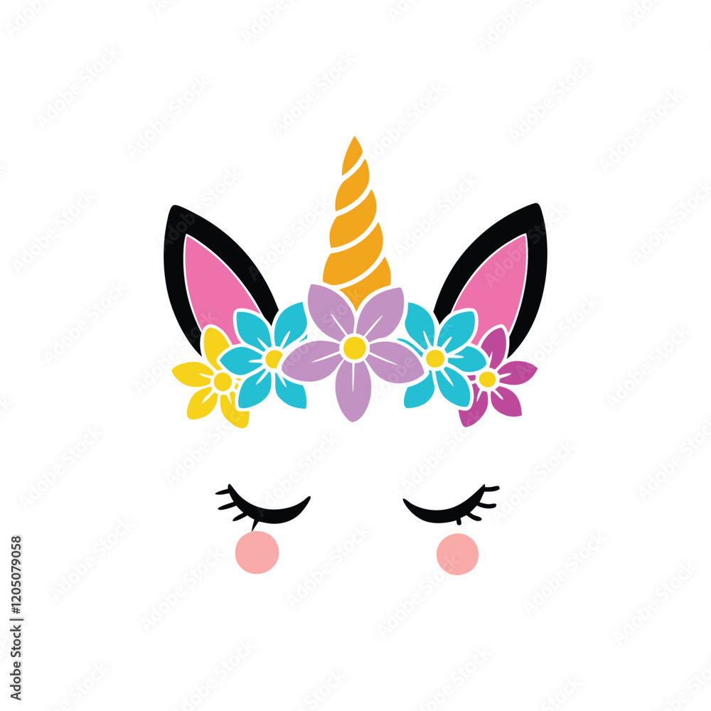Cute Unicorn Face Flowers vector illustration, Unicorn face clipart ...