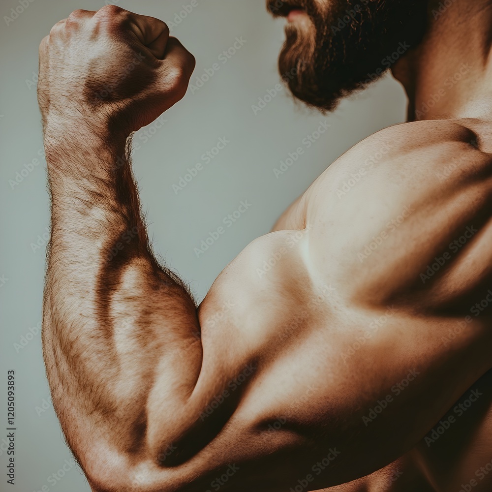 Muscular arm flexing, close-up bicep, tanned skin, veins visible, masculine physique, dramatic ...